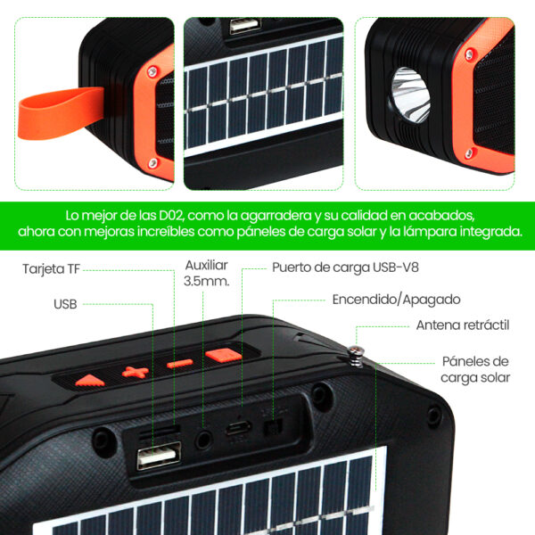 D02s BOCINA BT CON PÁNELES SOLARES Y LÁMPARA - FOL México